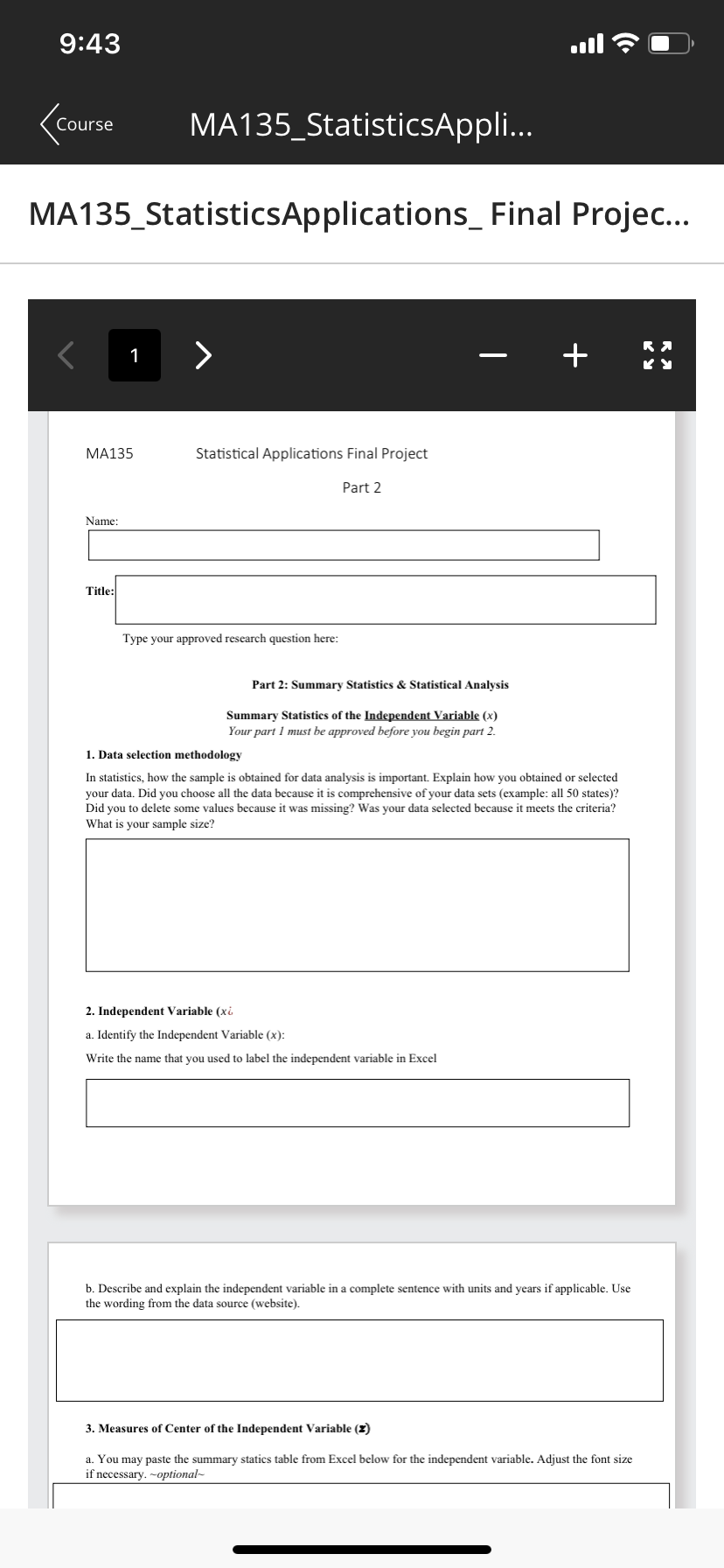 MA135_StatisticsApplications_Final Projec... | Chegg.com