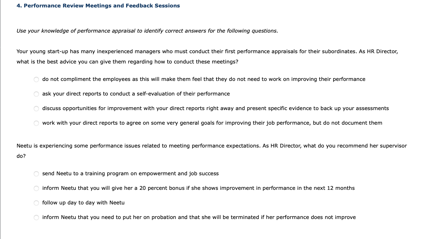Solved 4. Performance Review Meetings and Feedback Sessions | Chegg.com