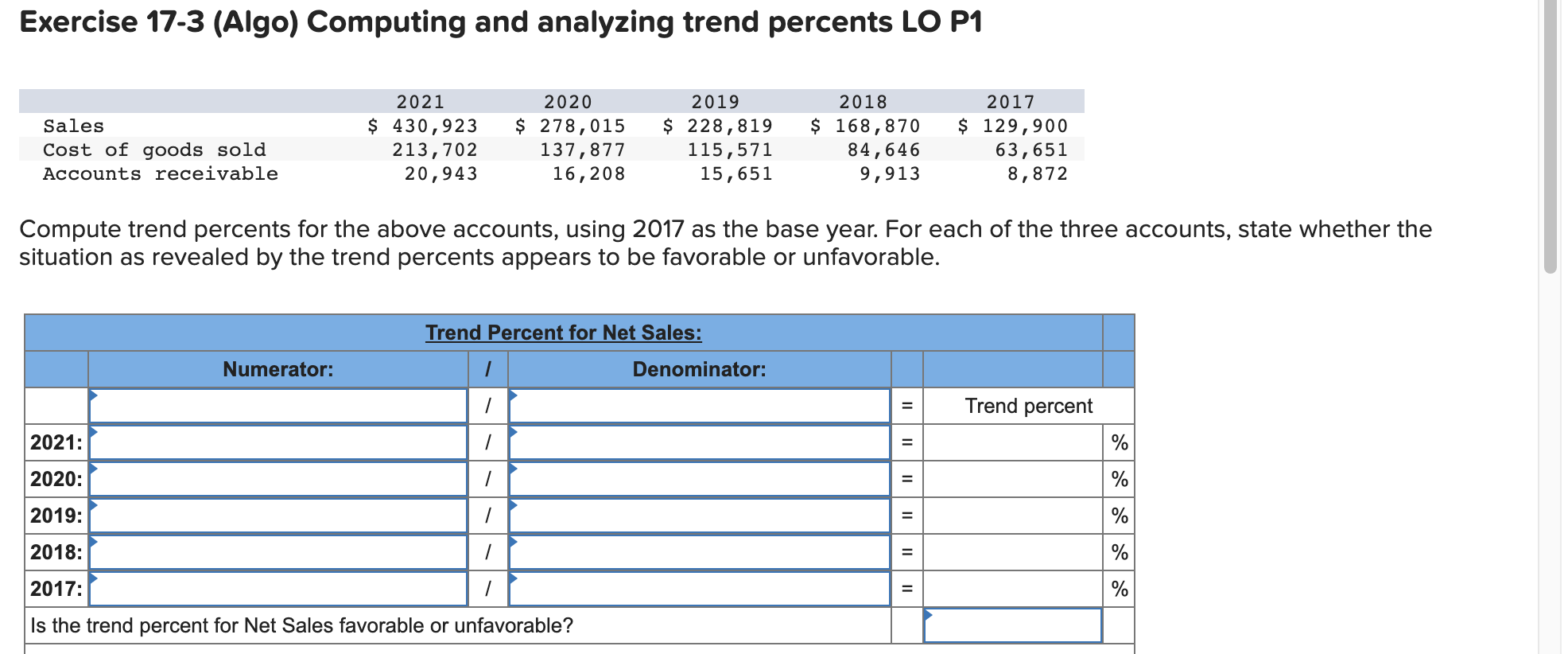 Solved Exercise 17-3 (Algo) Computing and analyzing trend | Chegg.com Solved Exercise 17-3 (Algo) Computing and analyzing trend | Chegg.com