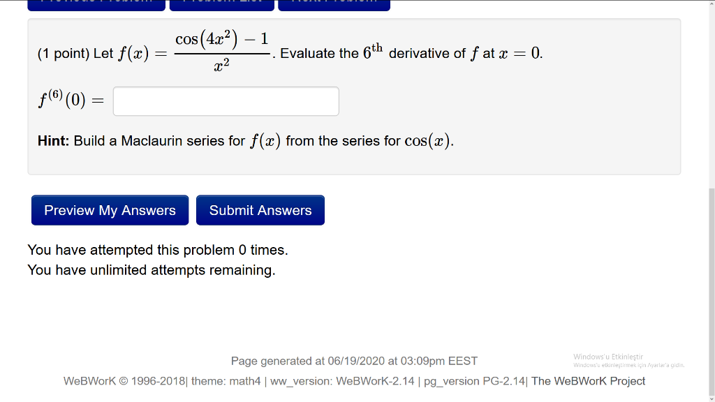 Solved (1 point) Let f(x) = cos(4.x2) - 1 x2 Evaluate the | Chegg.com
