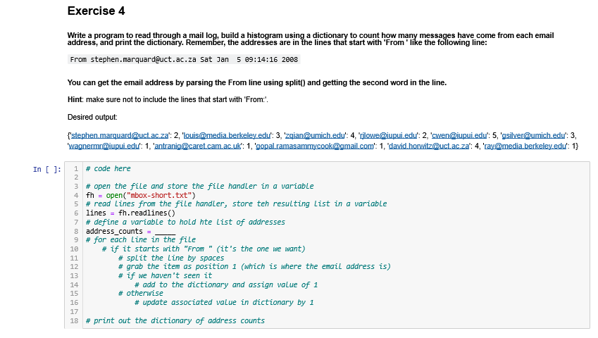 Exercise 4 Write a program to read through a mail | Chegg.com