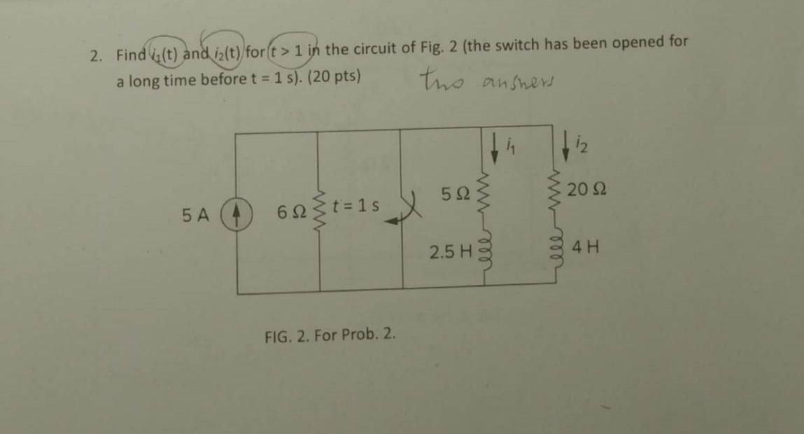 Solved 2. Find V1(t) and i2(t) for t>1 in the circuit of | Chegg.com