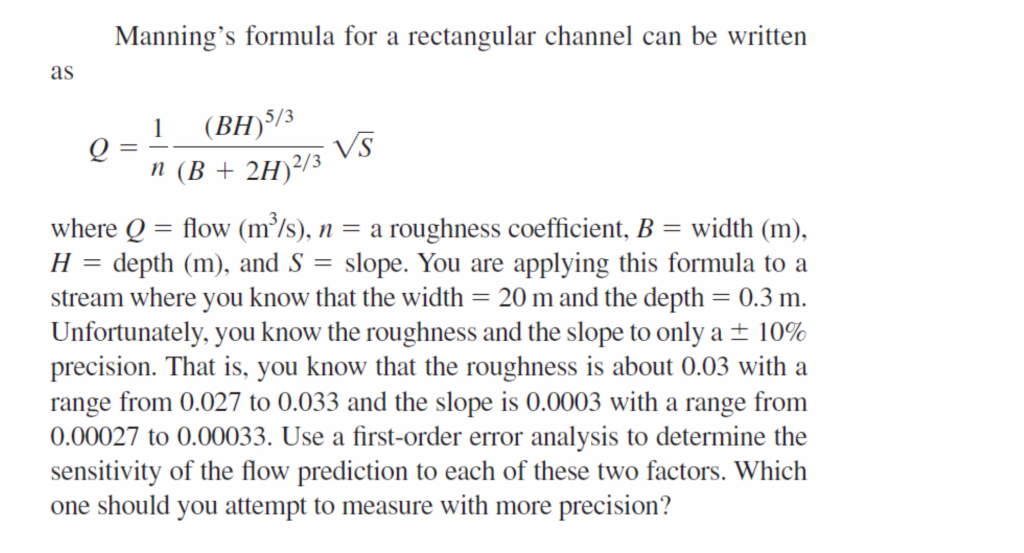 Solved Manning's formula for a rectangular channel can be | Chegg.com