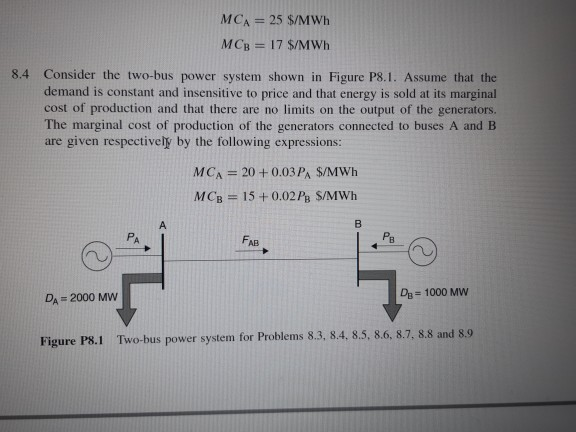 Solved MCA 25 $/MWh MCB 17 $/MWh 8.4 Consider the two-bus | Chegg.com