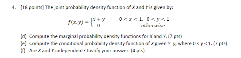 Solved 4. (18 points] The joint probability density function | Chegg.com