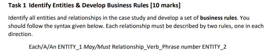Solved Task 1 Identify Entities & Develop Business Rules [10 | Chegg.com