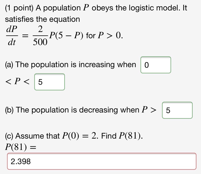 Solved (1 point) A population P obeys the logistic model. It | Chegg.com