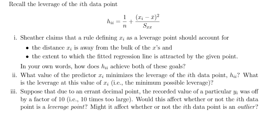 Recall the leverage of the ith data point 1 hii (ei - | Chegg.com