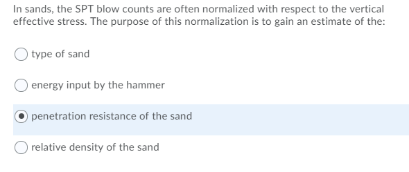 Solved In sands, the SPT blow counts are often normalized | Chegg.com