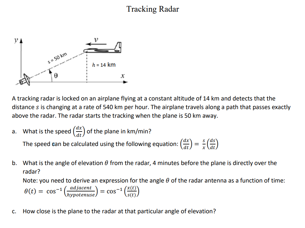 Solved Tracking Radar VA S = 50 km h = 14 km ed A tracking | Chegg.com