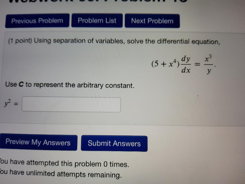 Solved (1 point) Using separation of variables, solve the | Chegg.com