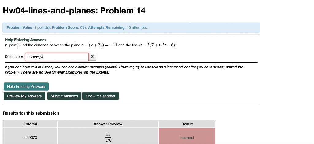 Solved Hw04-lines-and-planes: Problem 14 Problem Value: 1 | Chegg.com