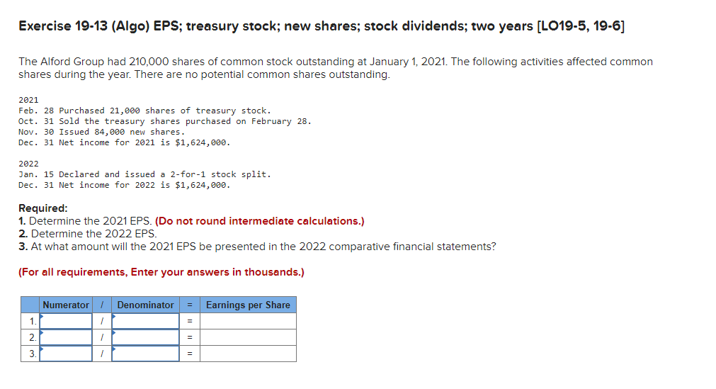 Solved Exercise 19-13 (Algo) EPS; treasury stock; new | Chegg.com