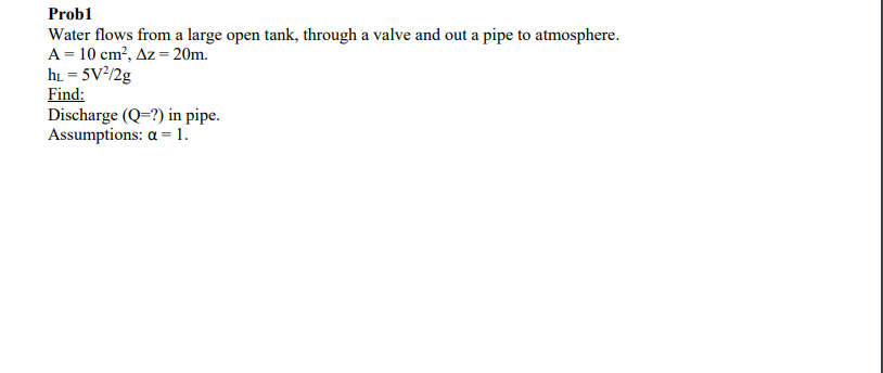 Solved Prob1 Water flows from a large open tank, through a | Chegg.com