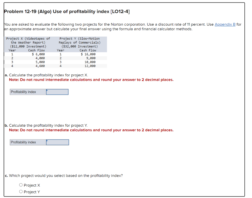 Solved Problem 12-19 (Algo) Use of profitability index | Chegg.com