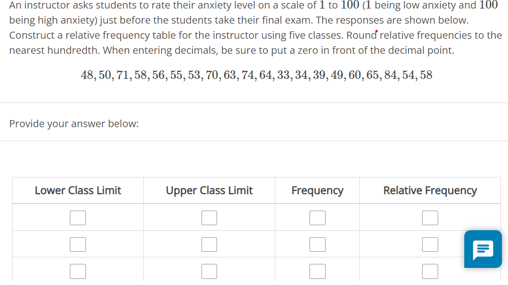 An instructor asks students to rate their anxiety | Chegg.com