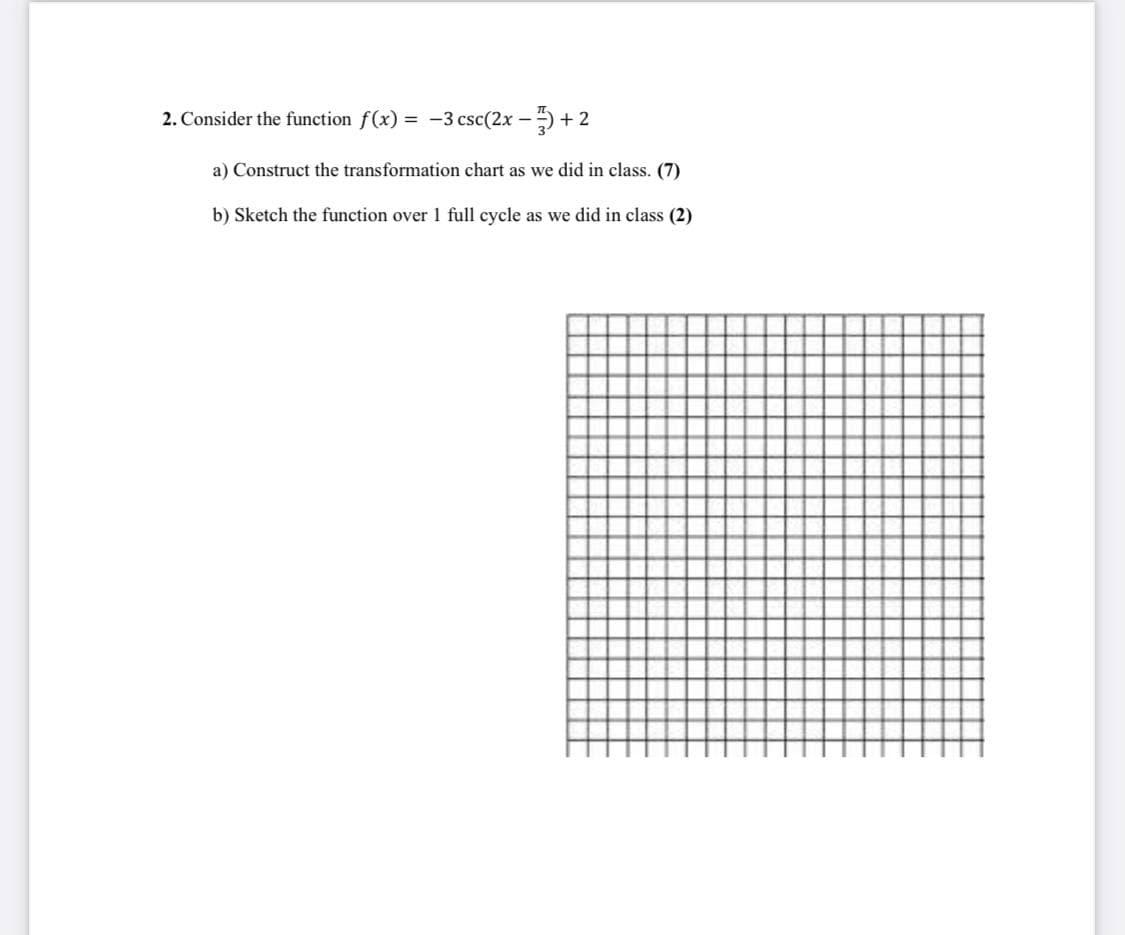 Solved 2. Consider the function f(x) = -3 csc(2x - 3) + 2 a) | Chegg.com