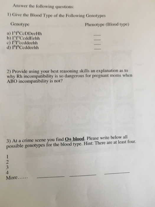 Solved Answer the following questions: Give the Blood Type | Chegg.com