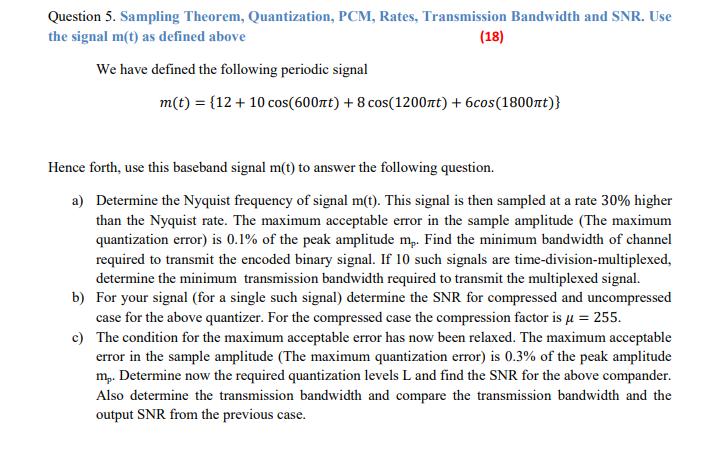 Solved Question 5. Sampling Theorem, Quantization, PCM, | Chegg.com