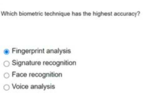 Solved Which biometric technique has the highest | Chegg.com