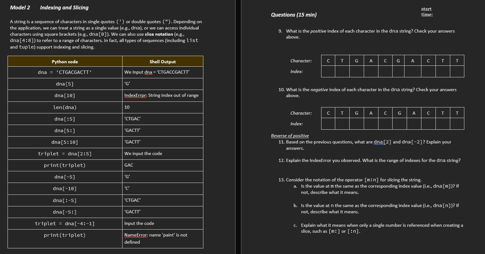 Solved Model 2 Indexing and Slicing Questions (15 min) start | Chegg.com