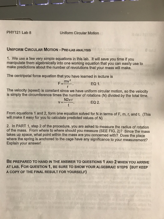 PHY121 Lab 8 Uniform Circular Motion UNIFORM CIRCULAR | Chegg.com