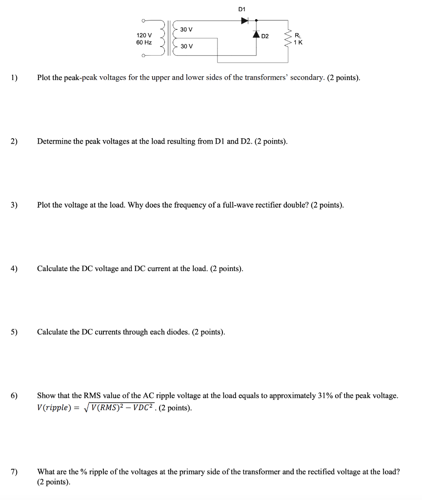 Solved D1 30 V 120 V 60 Hz D2 R. - 1K 30 V 1) Plot the | Chegg.com