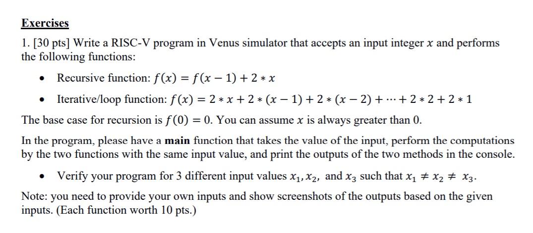 . Exercises 1. [30 pts] Write a RISC-V program in | Chegg.com