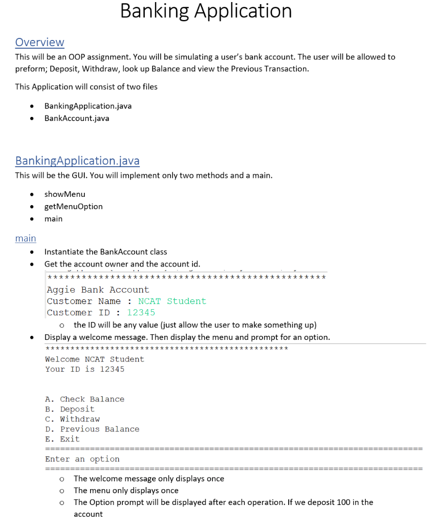 Solved Banking Application Overview This will be an OOP | Chegg.com