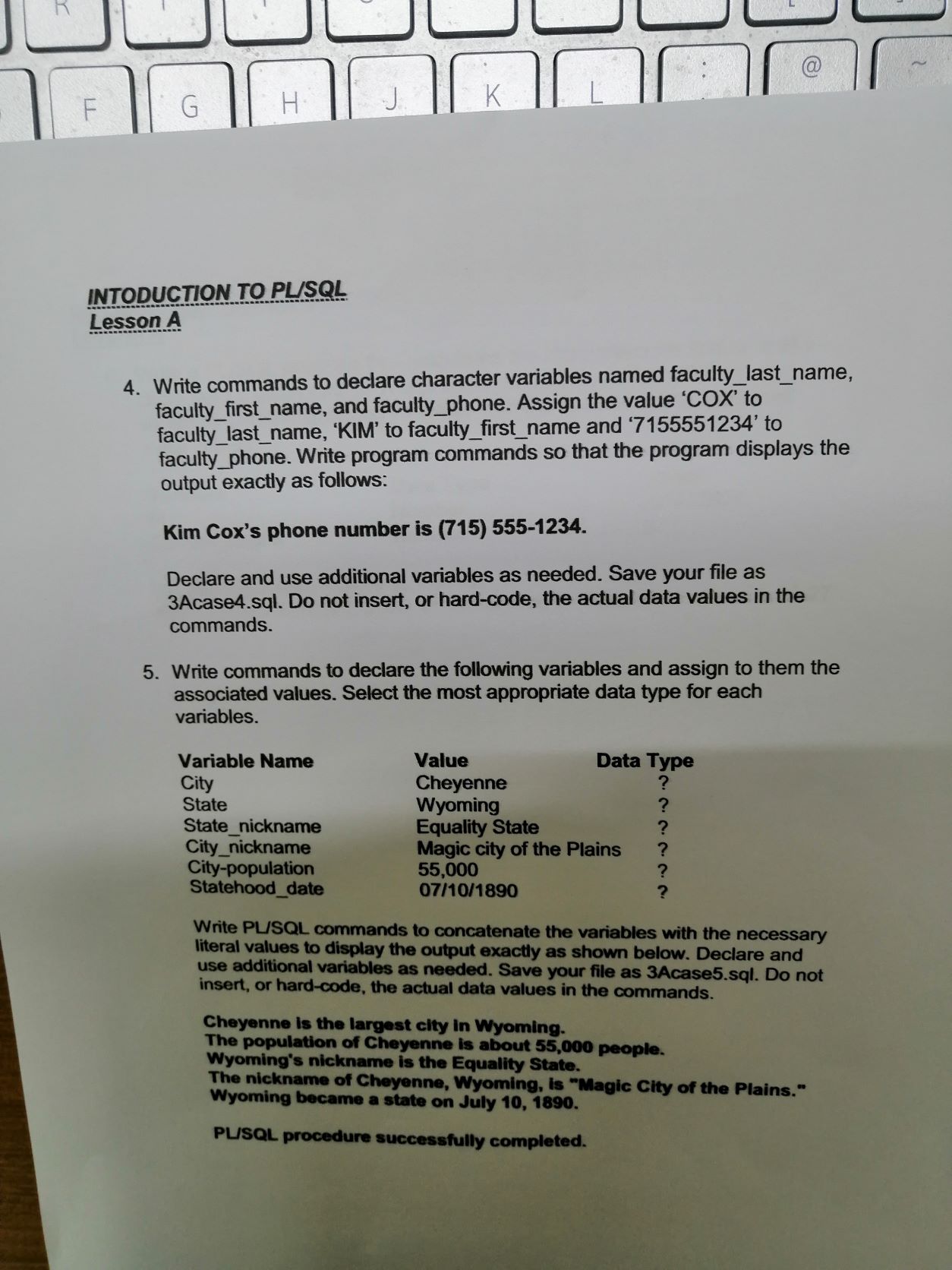 Solved רה LL K F G H INTODUCTION TO PL/SQL Lesson A 4. Write | Chegg.com