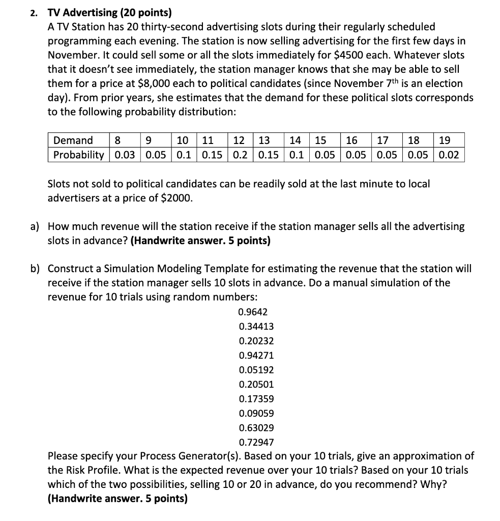 Solved 2. TV Advertising (20 points) A TV Station has 20 | Chegg.com