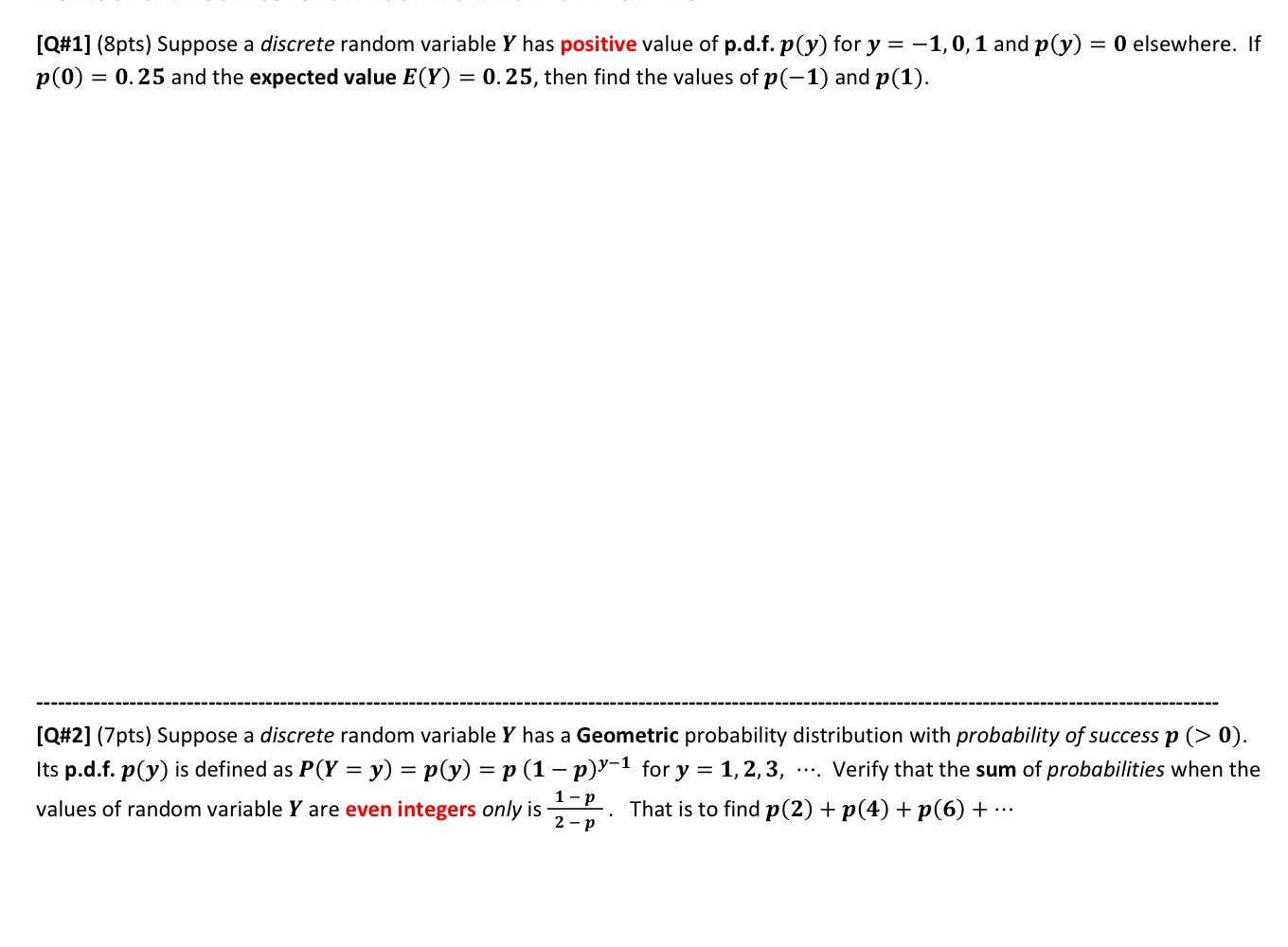 Solved [Q#1] (8pts) Suppose a discrete random variable Y has | Chegg.com
