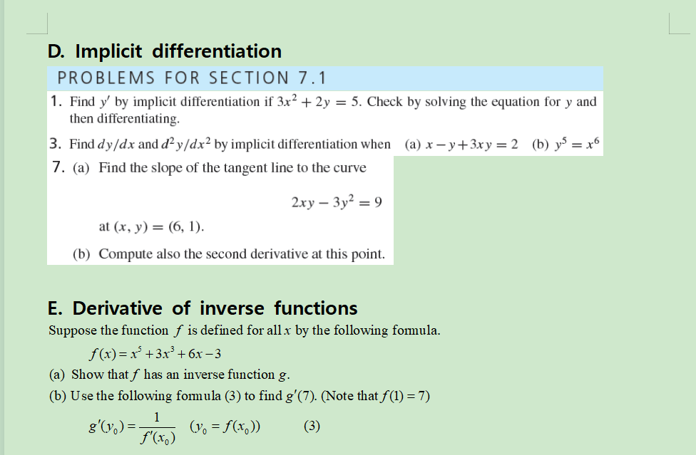 Solved D. Implicit differentiation PROBLEMS FOR SECTION 7.1 | Chegg.com
