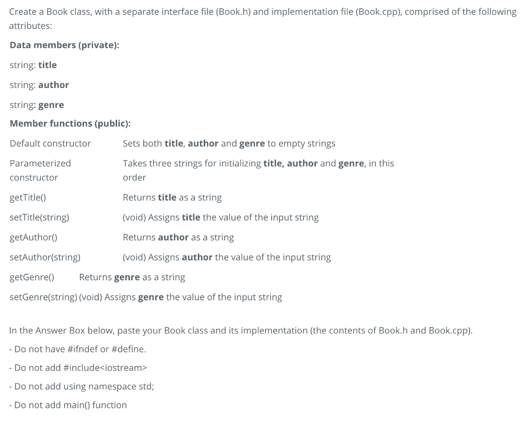 Solved Create a Book class, with a separate interface file | Chegg.com