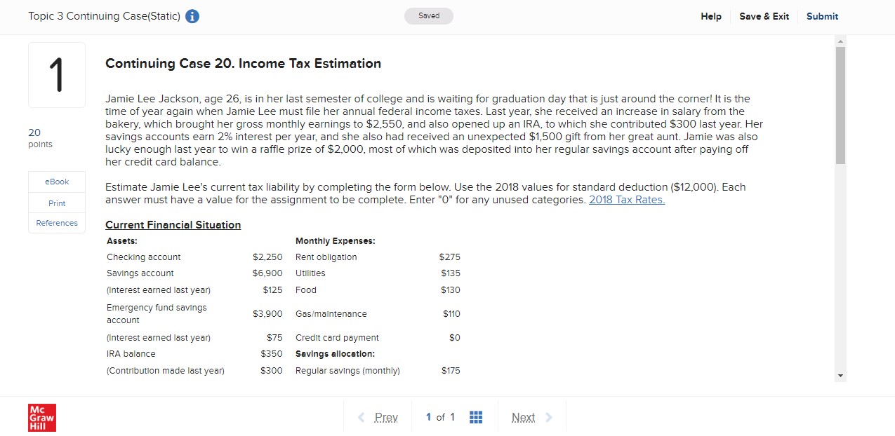 Solved Continuing Case 20. Income Tax Estimation Jamie Lee | Chegg.com
