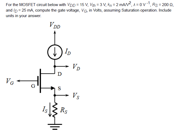 Solved For the MOSFET circuit below with VDD=15 V,Vth=3 | Chegg.com