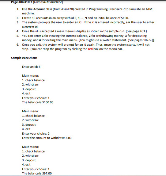 Solved Page 404 #10.7 (Game:ATM machine) 1. Use the Account | Chegg.com