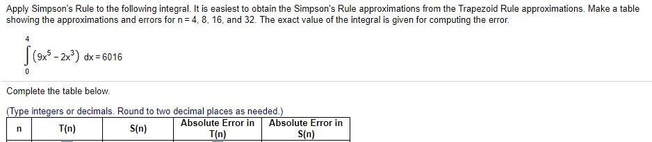 Solved Apply Simpson's Rule to the following integral. It is | Chegg.com