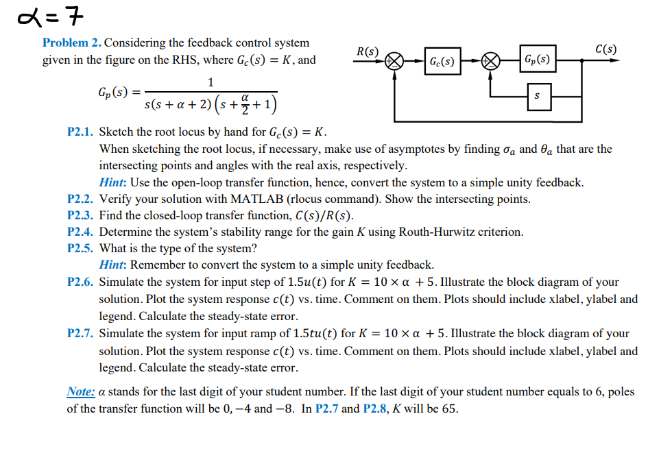 Solved α=7 Problem 2. Considering the feedback control | Chegg.com