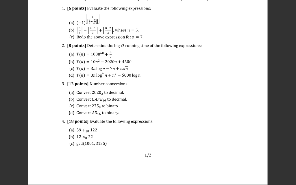 Solved 1. [6 points] Evaluate the following expressions: | Chegg.com
