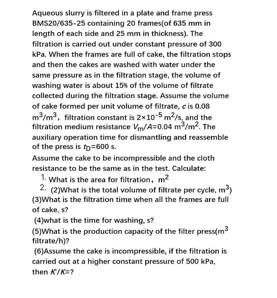 Solved Aqueous slurry is filtered in a plate and frame press | Chegg.com