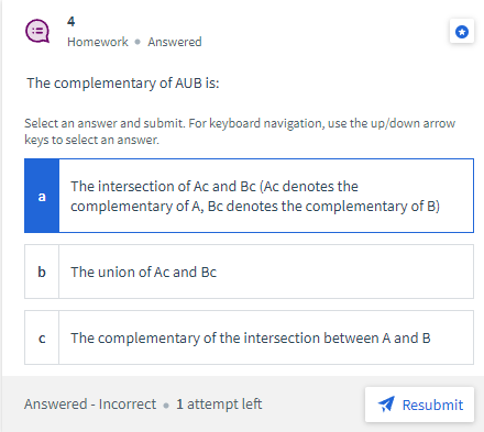 Solved The complementary of AUB is: Select an answer and | Chegg.com