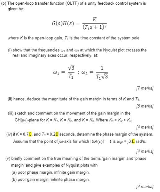 Solved (b) The open-loop transfer function (OLTF) of a unity | Chegg.com