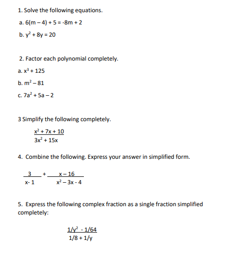 Solved 1. Solve the following equations. a. 6(m−4)+5=−8m+2 | Chegg.com