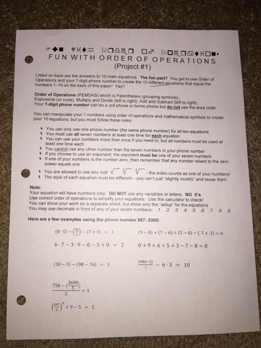 Solved FUN WITH ORDER OF OPERATIONS (Project #1 Listed on | Chegg.com