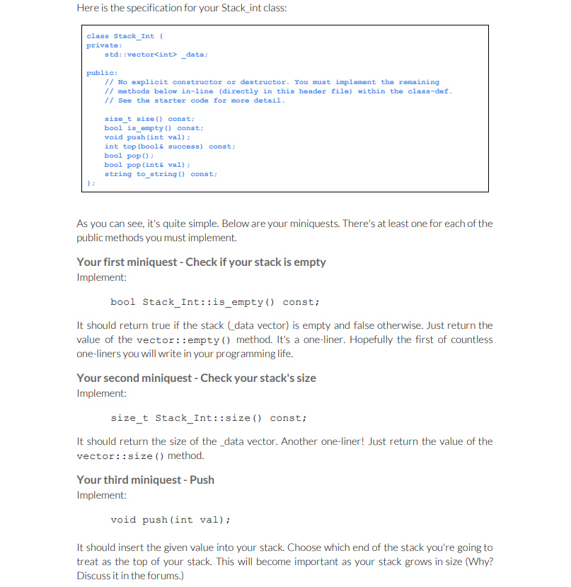 Solved class stack_Int f private: std: tvector_data; public: | Chegg.com