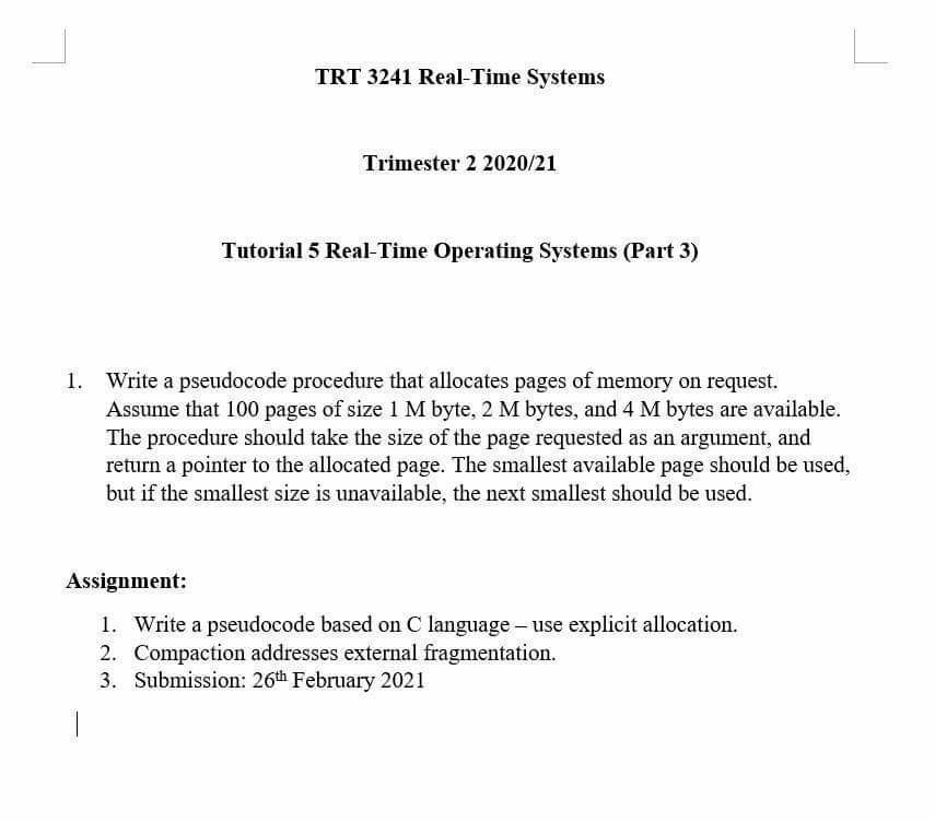 TRT 3241 Real-Time Systems Trimester 2 2020/21 | Chegg.com