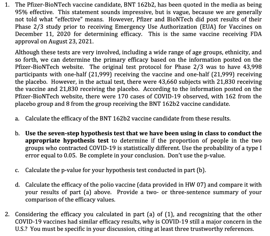 Solved 1. The Pfizer-BioNTech vaccine candidate, BNT 162b2, | Chegg.com