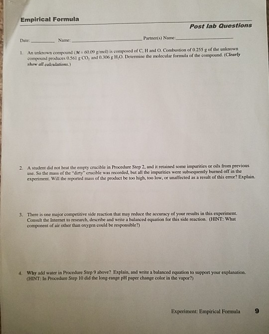 Solved Empirical Formula Post lab Questions Partnerís) Name | Chegg.com