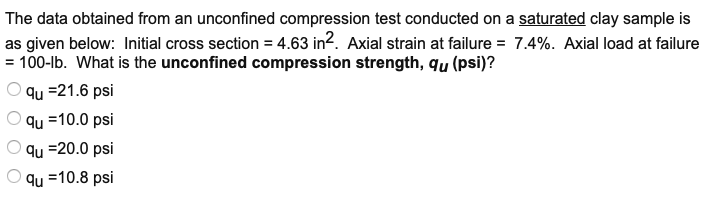 Solved The data obtained from an unconfined compression test | Chegg.com